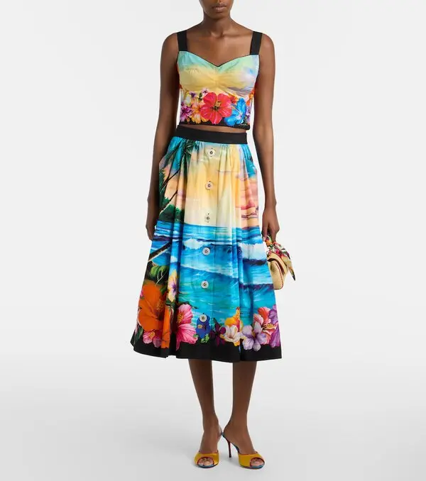 Dolce & Gabbana Pleated Printed Cotton Midi Skirt