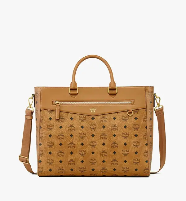 Mcm Tote Bag In Visetos Monogram Canvas - Cognac