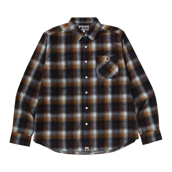 A BATHING APE Ape Head One Point Check Relaxed Fit Shirt - Tan