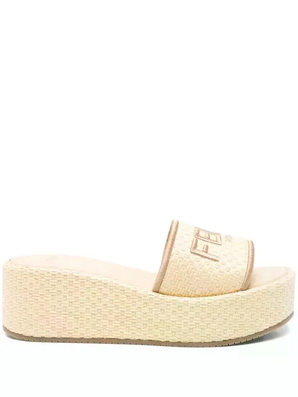 Fendi Logo Embroidered Platform Sandals - Neutrals