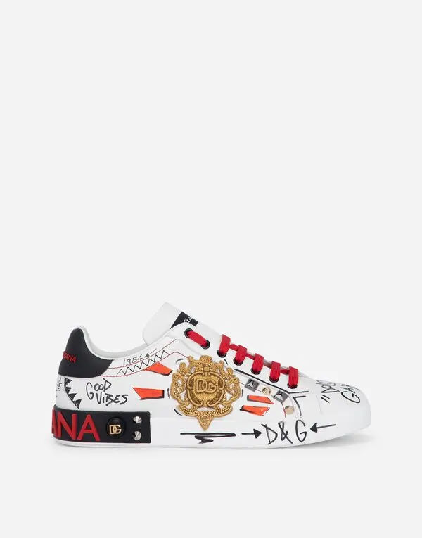 Dolce & Gabbana Calfskin Portofino Sneakers With Embroidery And Studs - Multicolor