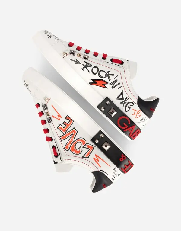 Dolce & Gabbana Calfskin Portofino Sneakers With Embroidery And Studs - Multicolor