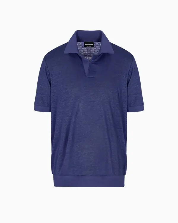 Giorgio Armani Short-sleeved Polo Shirt In Linen Jersey - Blue