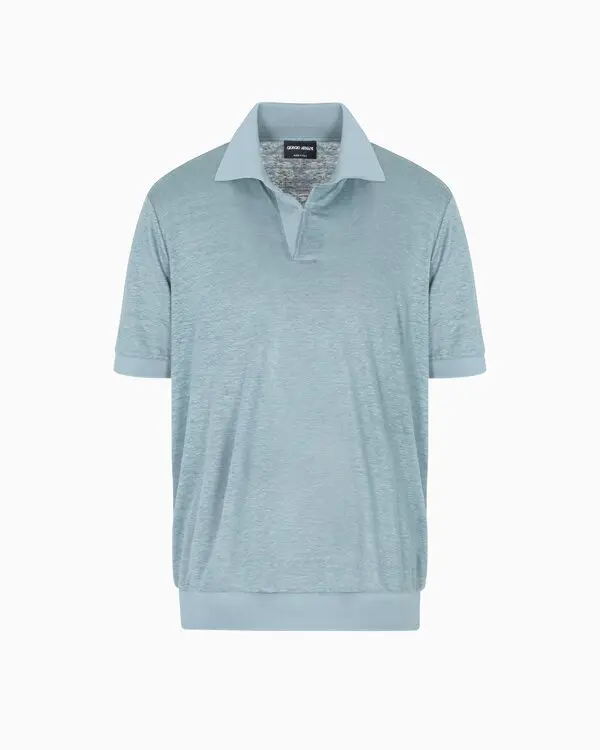Giorgio Armani Short-sleeved Polo Shirt In Linen Jersey - Light Blue
