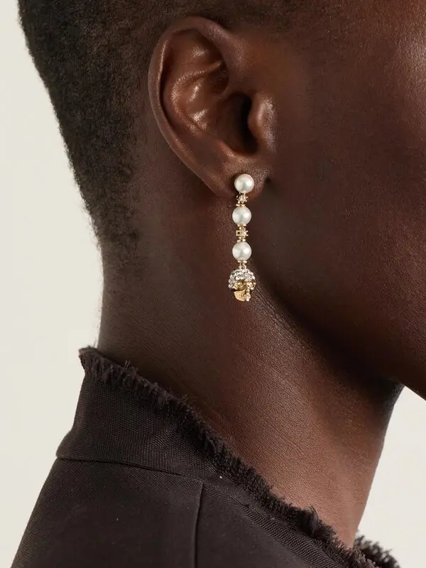Alexander McQueen Gold-tone Crystal And Faux Pearl Skull Drop Earrings - White