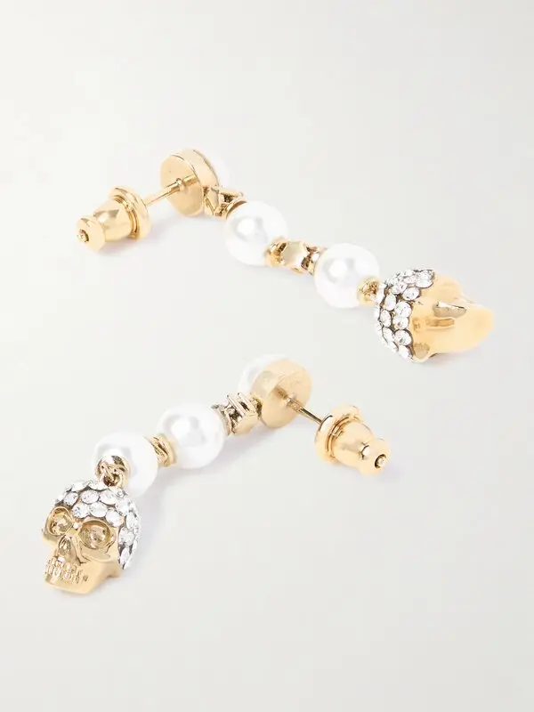 Alexander McQueen Gold-tone Crystal And Faux Pearl Skull Drop Earrings - White