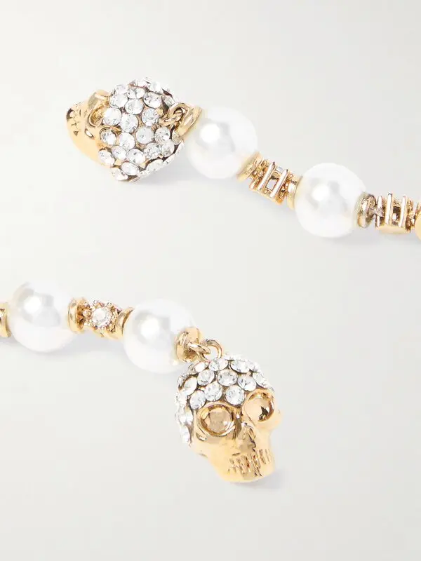 Alexander McQueen Gold-tone Crystal And Faux Pearl Skull Drop Earrings - White
