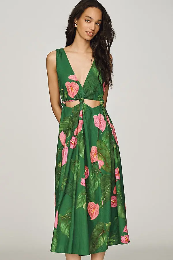 Farm Rio X Linen Blend V-neck Cutout Midi Dress - Anturio
