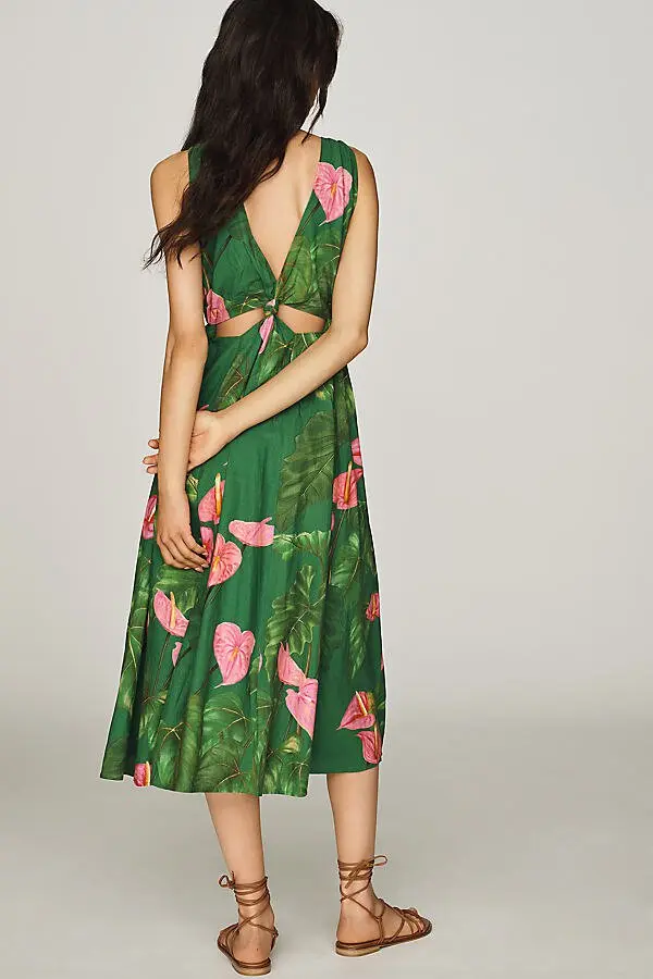 X Linen Blend V-neck Cutout Midi Dress - Anturio