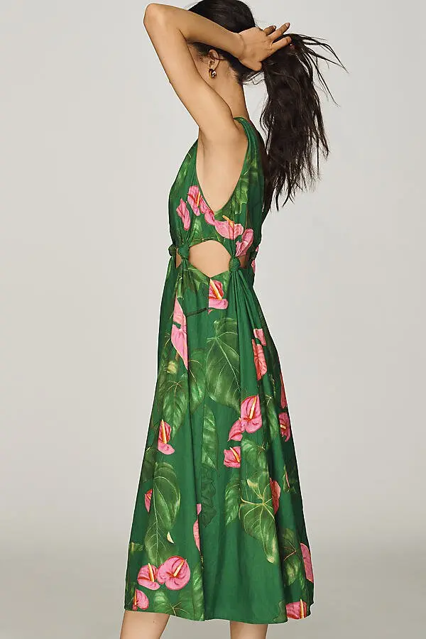 Farm Rio X Linen Blend V-neck Cutout Midi Dress - Anturio | Editorialist