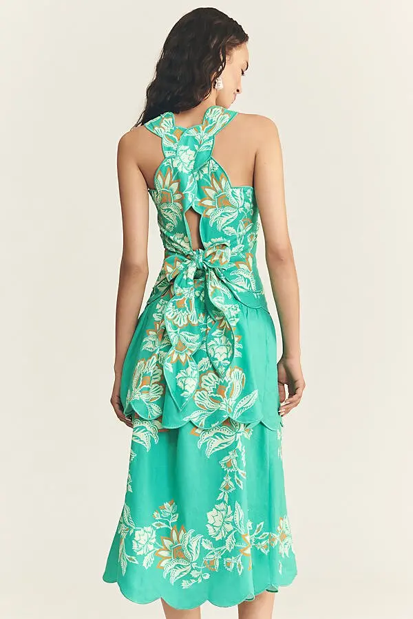 Farm Rio Scalloped Halter Linen Blend Dress In Green - 40% Off |  Editorialist