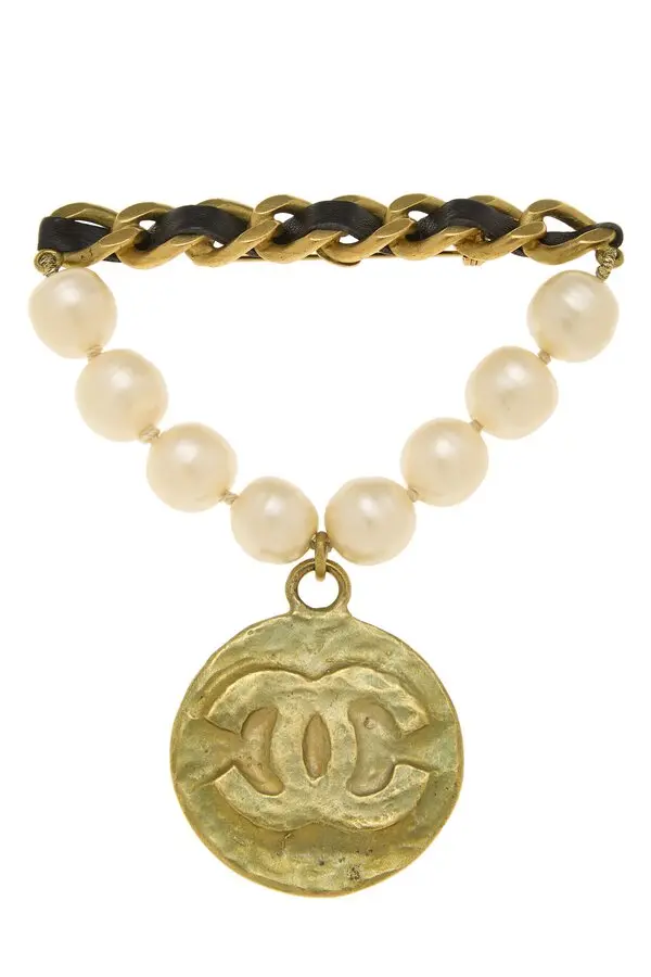 Chanel Faux Pearl And 'cc' Brooch - Gold
