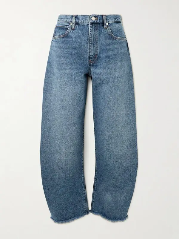 FRAME The Bubble Crop Frayed High-rise Barrel-leg Jeans - Blue