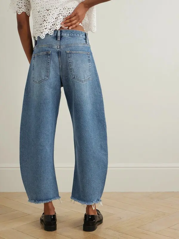 FRAME The Bubble Crop Frayed High-rise Barrel-leg Jeans - Blue