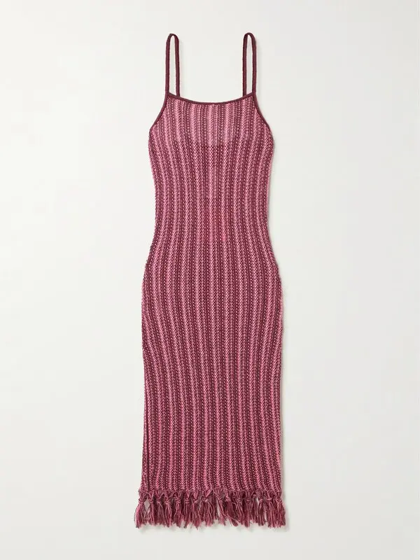 THE ELDER STATESMAN Fringed Striped Cotton Midi Dress - Pink