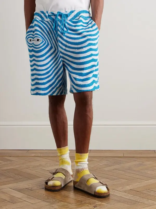 THE ELDER STATESMAN Striped Organic Cotton-terry Shorts