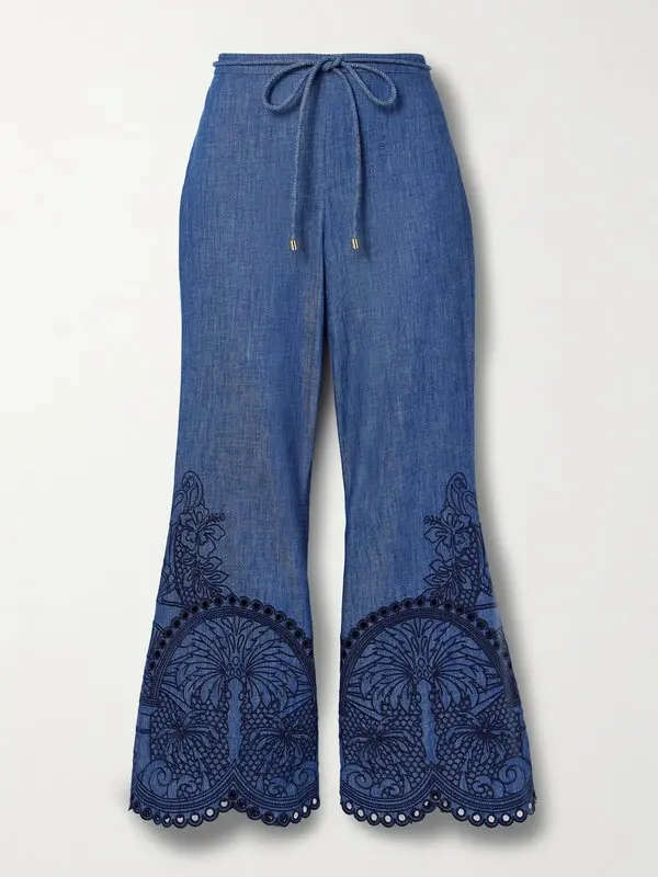 Zimmermann Coco Belted Embroidered Cotton-chambray Flared Pants
