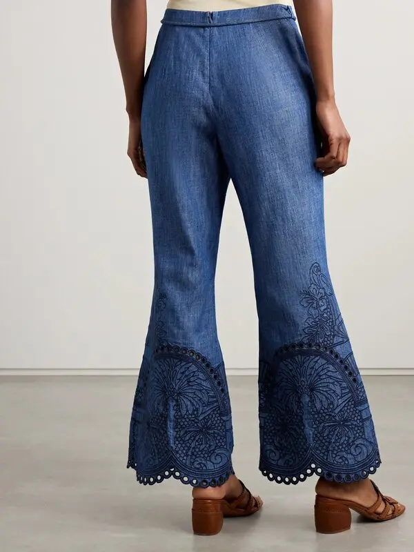 Zimmermann Coco Belted Embroidered Cotton-chambray Flared Pants