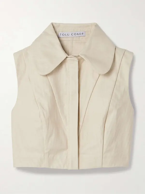 TOLU COKER Cropped Paneled Herringbone Cotton Top
