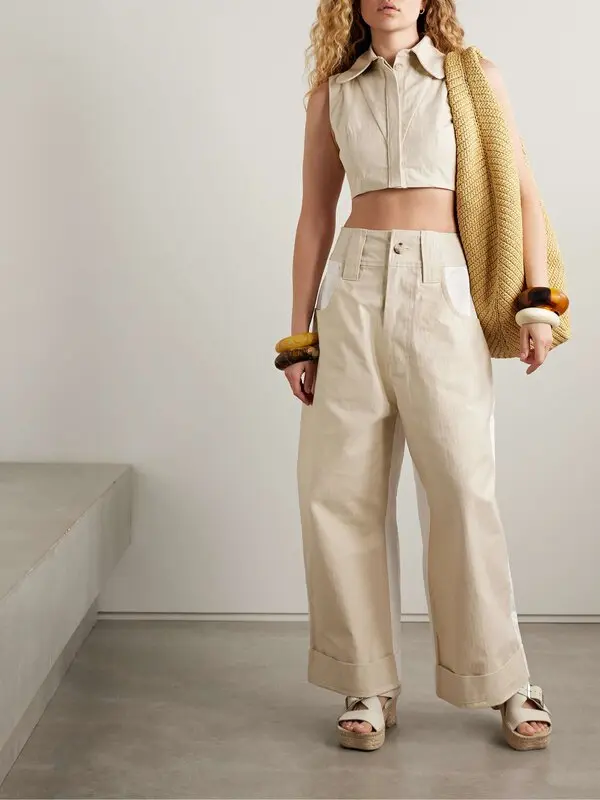 TOLU COKER Cropped Paneled Herringbone Cotton Top