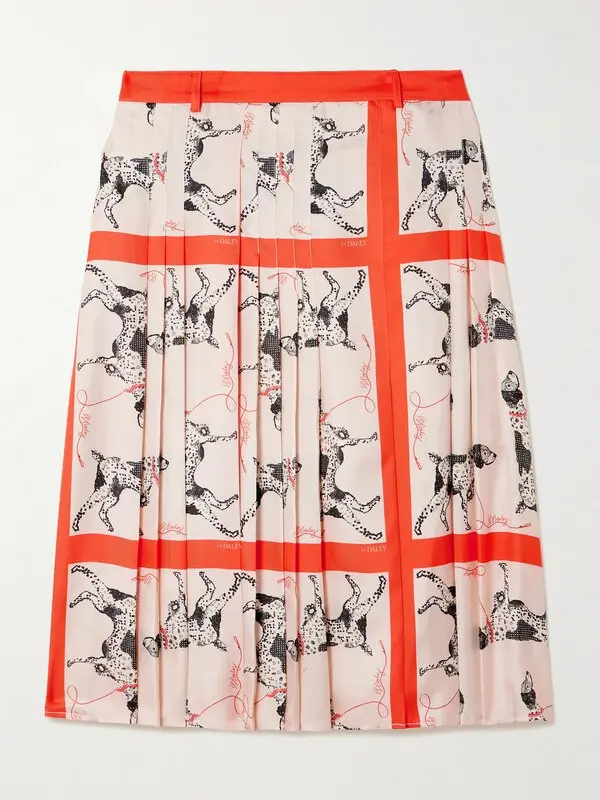 S.S.DALEY Pointer Pleated Printed Silk-twill Midi Skirt - Orange