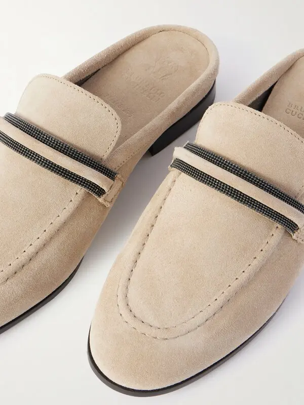 Brunello Cucinelli Bead-embellished Suede Slippers
