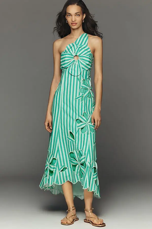 Anthropologie Amara One-shoulder Cutwork Midi Dress - Green Stripe