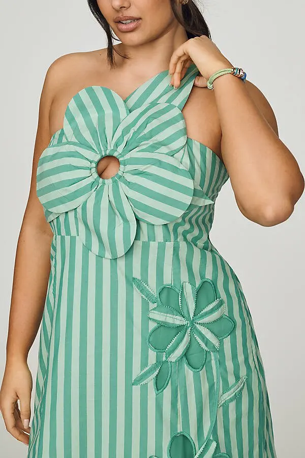 Anthropologie Amara One-Shoulder Cutwork Midi Dress - Green Stripe |  Editorialist