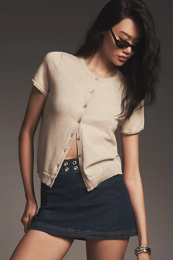 Anthropologie Cotton Cashmere Short-sleeve Crew-neck Cardigan - Neutral
