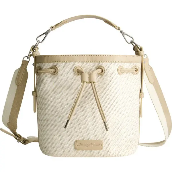 Tommy Bahama Soft Woven Drawstring Bucket Bag - Tan/white