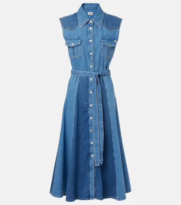 Ag Belted Paneled Denim Midi Dress - Blue