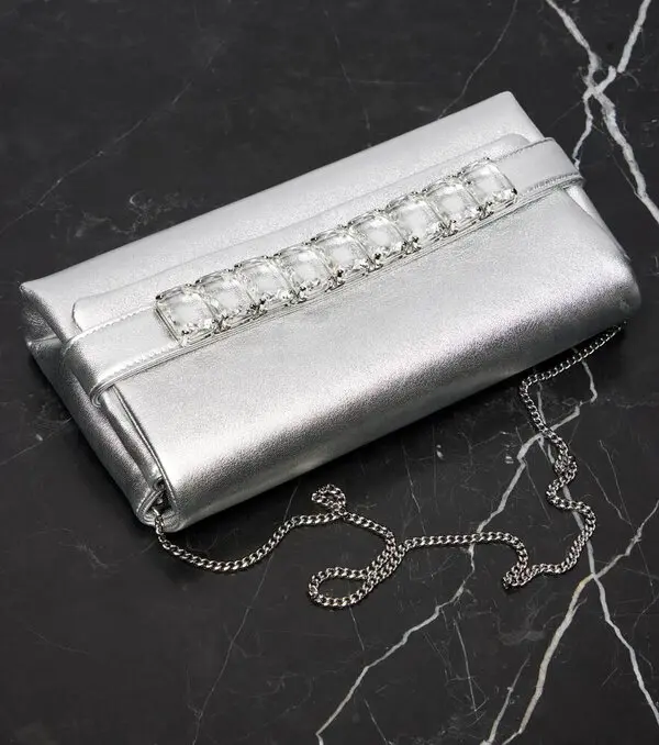 JIMMY CHOO Kya Metallic Leather Clutch - Silver