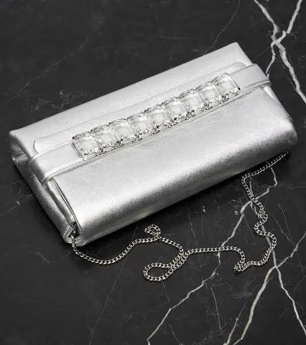 JIMMY CHOO Kya Metallic Leather Clutch - Silver