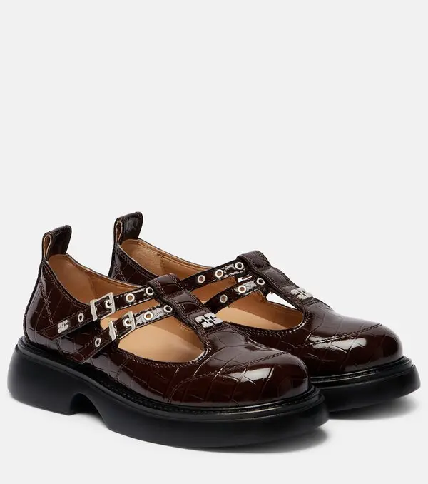 GANNI Croc-effect Mary Jane Flats - Brown