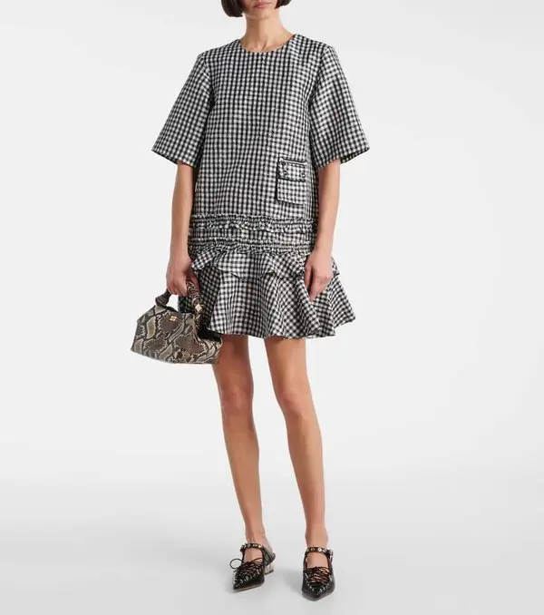 GANNI Gingham Ruffled Minidress