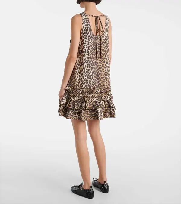 GANNI Leopard-print Ruffled Mini Dress - Brown
