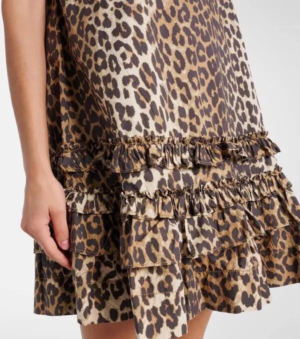 GANNI Leopard-print Ruffled Mini Dress - Brown