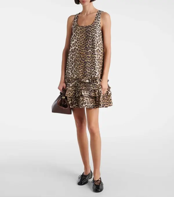 GANNI Leopard-print Ruffled Mini Dress - Brown