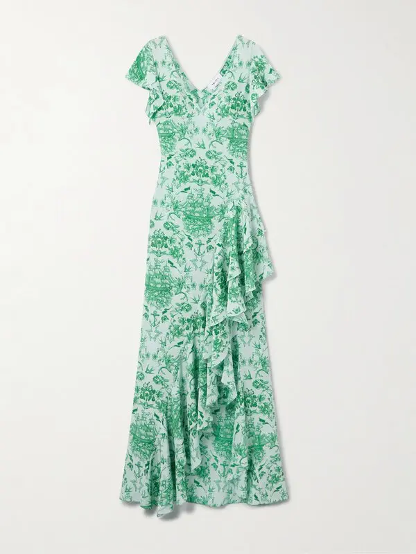 Alexander Mcqueen Asymmetric Ruffled Printed Silk-Satin Maxi Dress - Green  | Editorialist