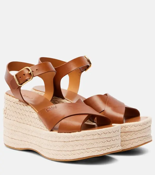 Chloé Isla Leather Espadrille Wedges - Brown