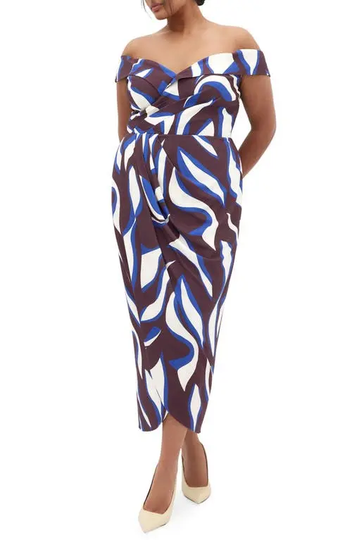 City Chic Printed Off-the-shoulder Midi Dress - Cocoa Swirl