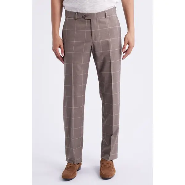 Berle Windowpane Check Stretch Wool Dress Trousers - Medium Brown