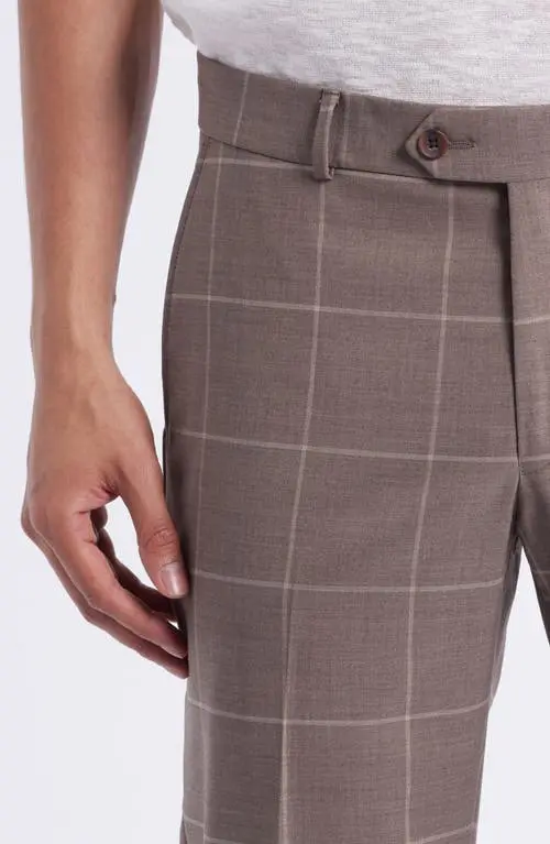 Berle Windowpane Check Stretch Wool Dress Trousers - Medium Brown