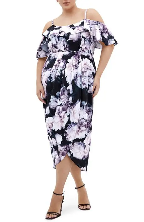City Chic Floral Drape Cold Shoulder Midi Dress - Sweet Sensation