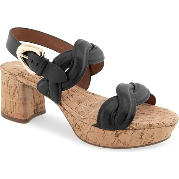 Aerosoles Platform Sandal - Black Leather/raffia Heel