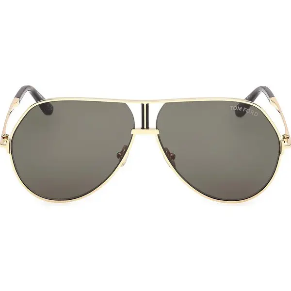 TOM FORD Rickie 63mm Oversize Navigator Sunglasses - Shiny Gold Dark Havana / Green