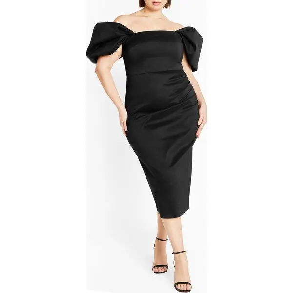 City Chic Elyse Puff Sleeve Sheath Dress - Black