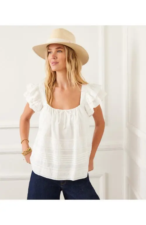 Karen Kane Ruffle Sleeve Embroidered Top - Cream