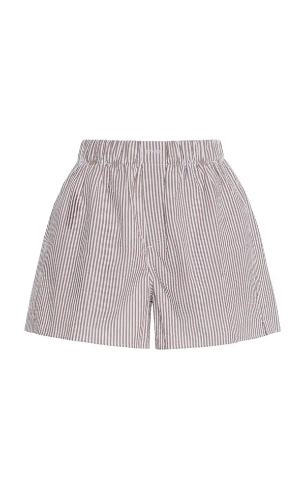WITH NOTHING UNDERNEATH Boxer Striped Cotton-seersucker Shorts - Brown