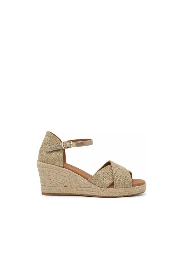 MENINA STEP Jimena Mid Double Band Linen Wedges - Gold